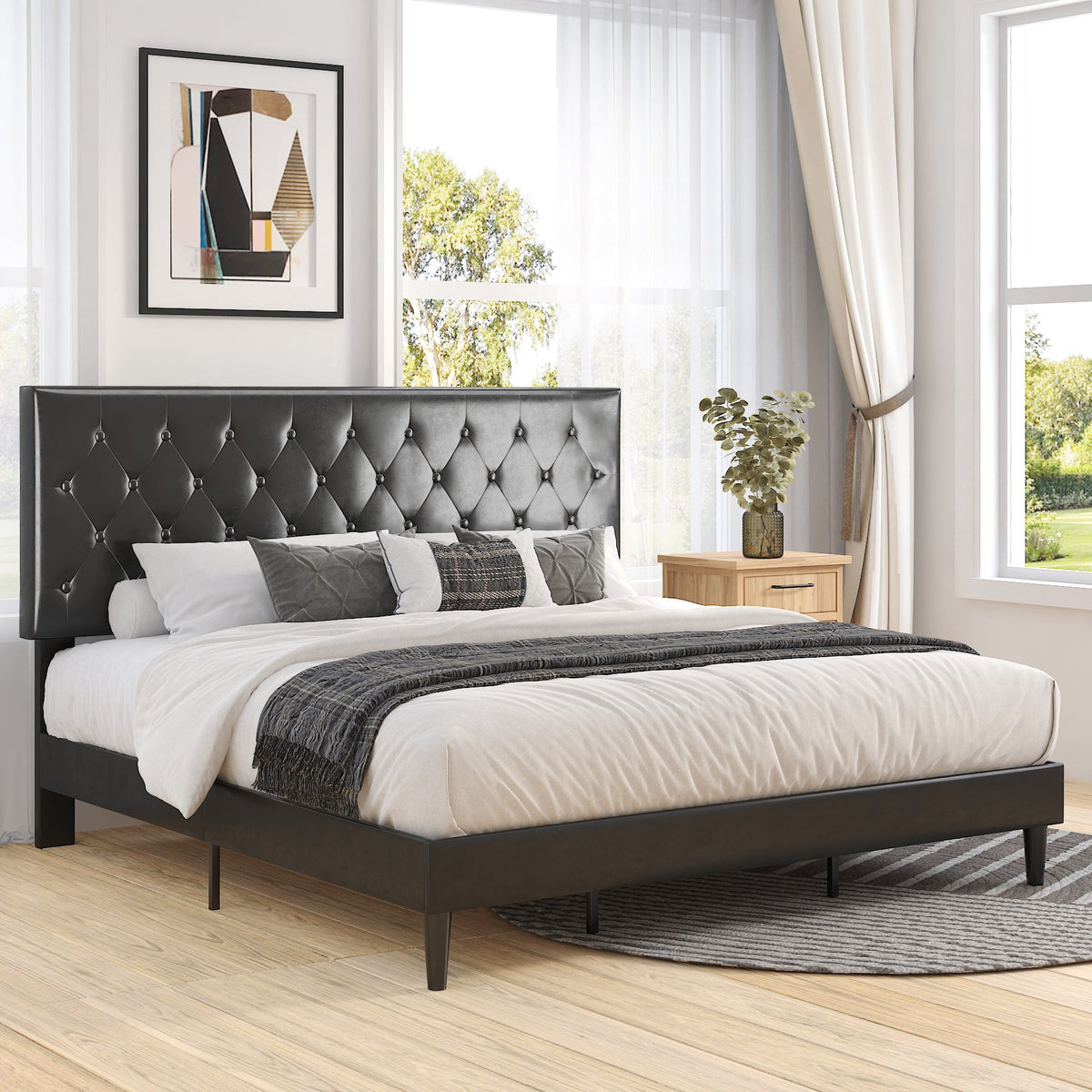 Faux Leather Upholstered Bed Frame with Adjustable Diamond Stitched Bu