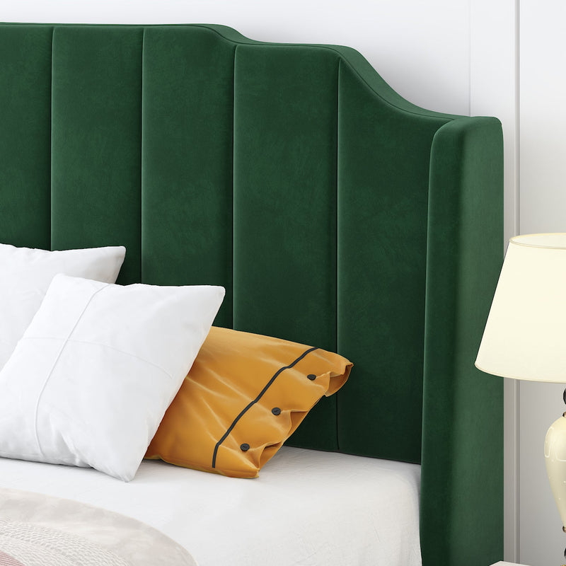 Modern Curved Wood Bed Frame with Upholstered Wingback Headboard